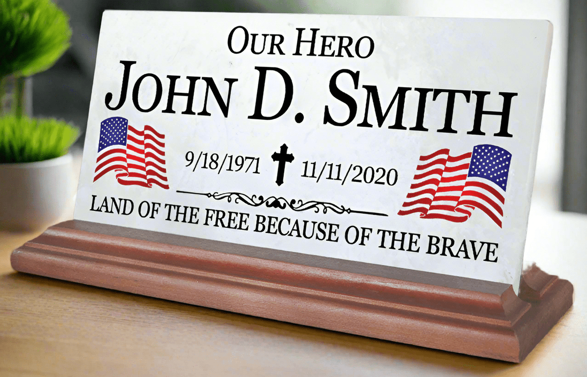 Military Hero Memorial Plaque – Custom Marble Tribute With Flags ...